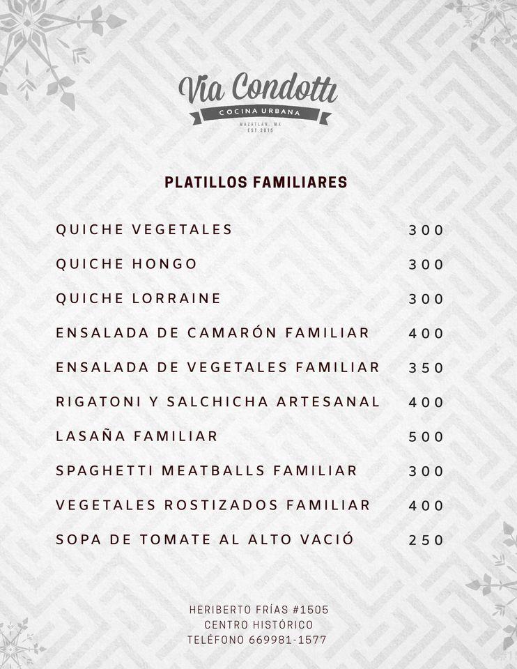 Menu at Via Condotti pizzeria, Mazatlán