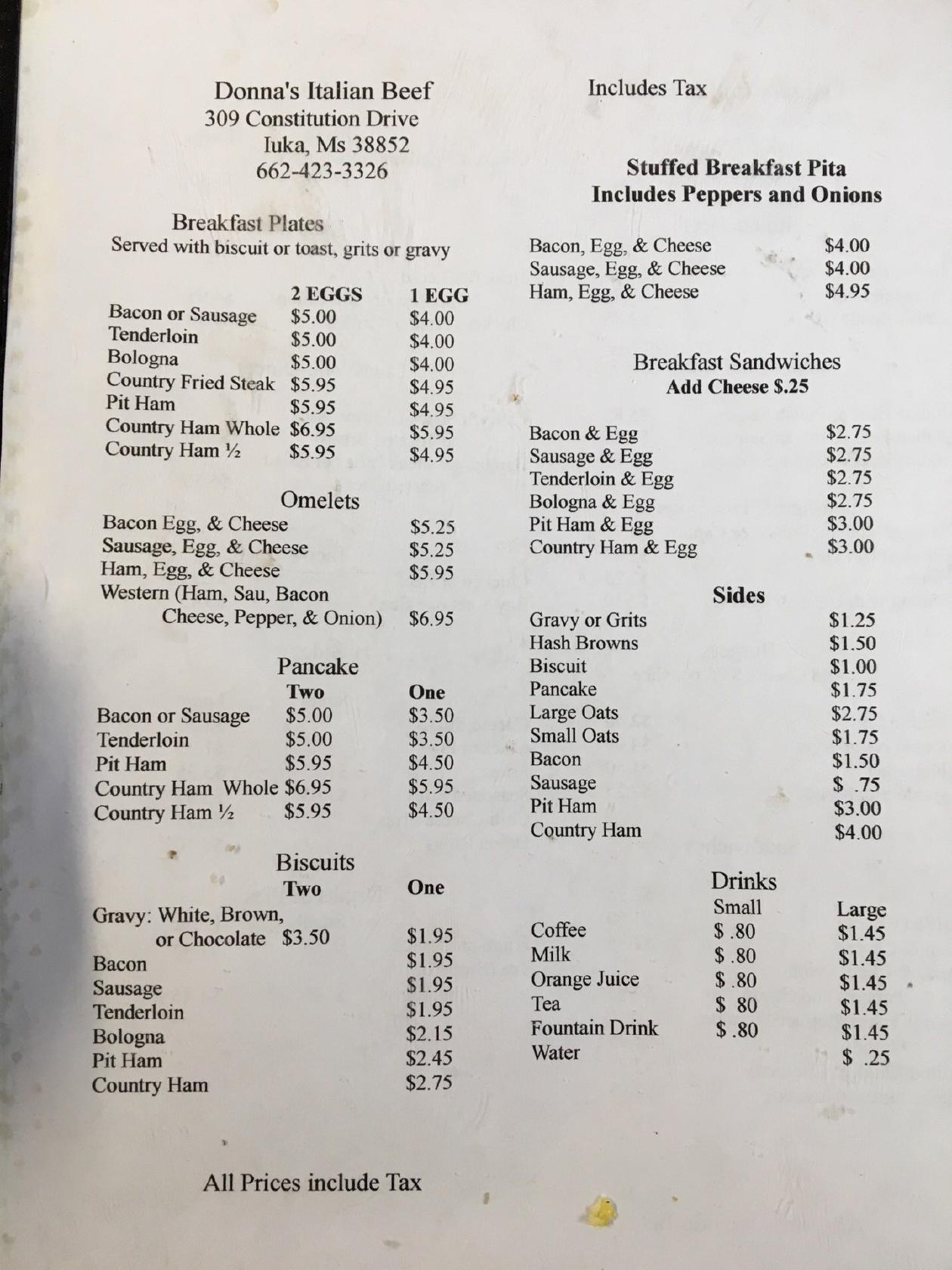 Menu at Donna's Italian Beef restaurant, Iuka