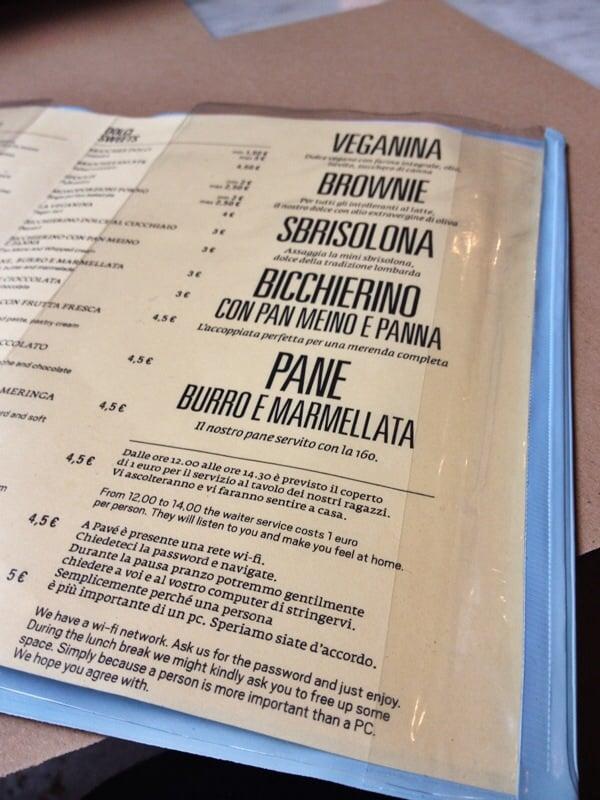 Menu da Pavé caffè bar, Milano, Via Felice Casati