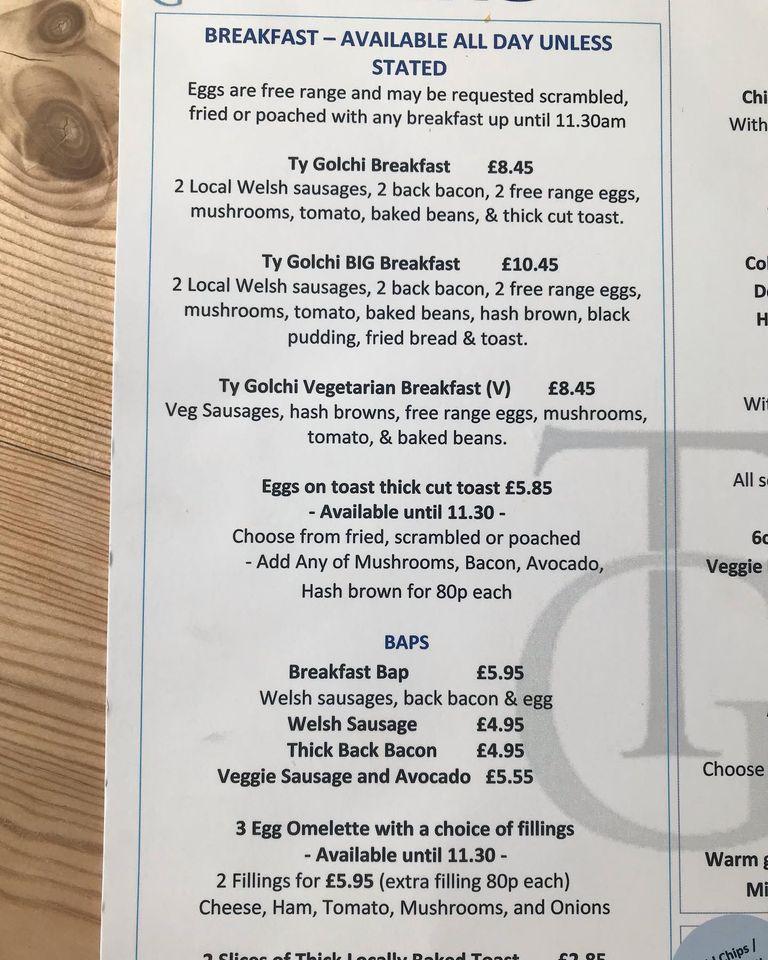 Menu at Tŷ Golchi restaurant, Bangor, Caernarfon Rd