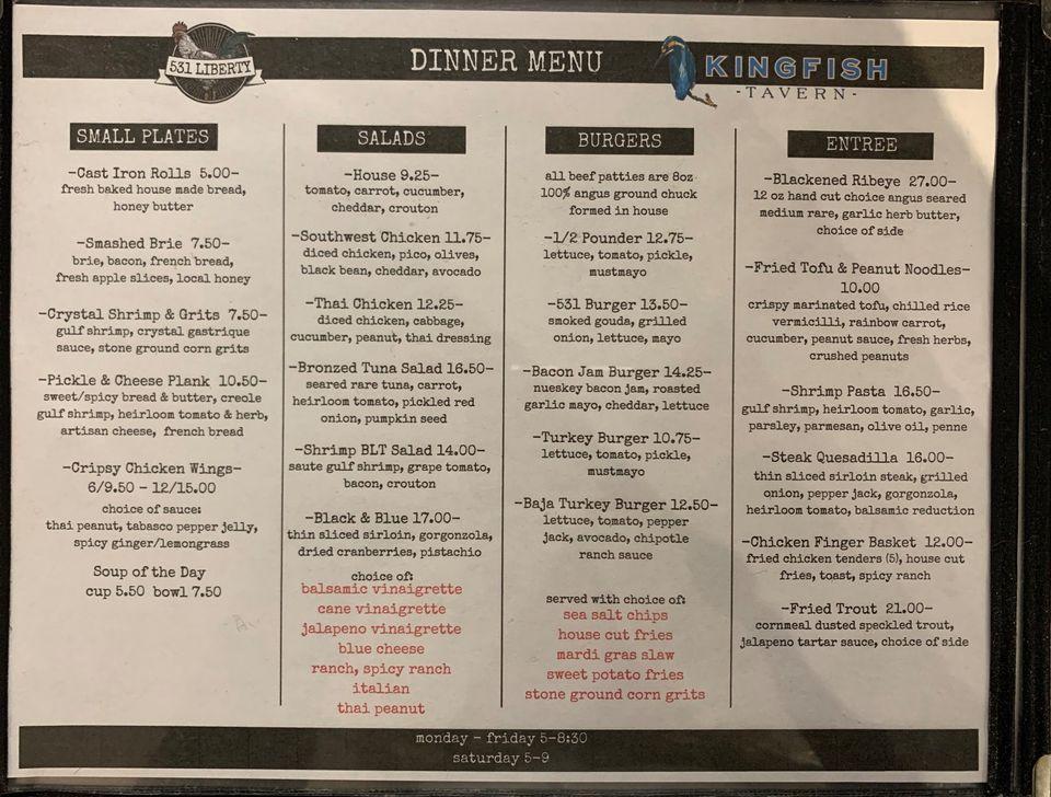 Menu at 531 Liberty Cafe, Houma