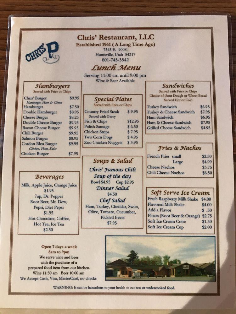 Menu at Chris' restaurant, Huntsville