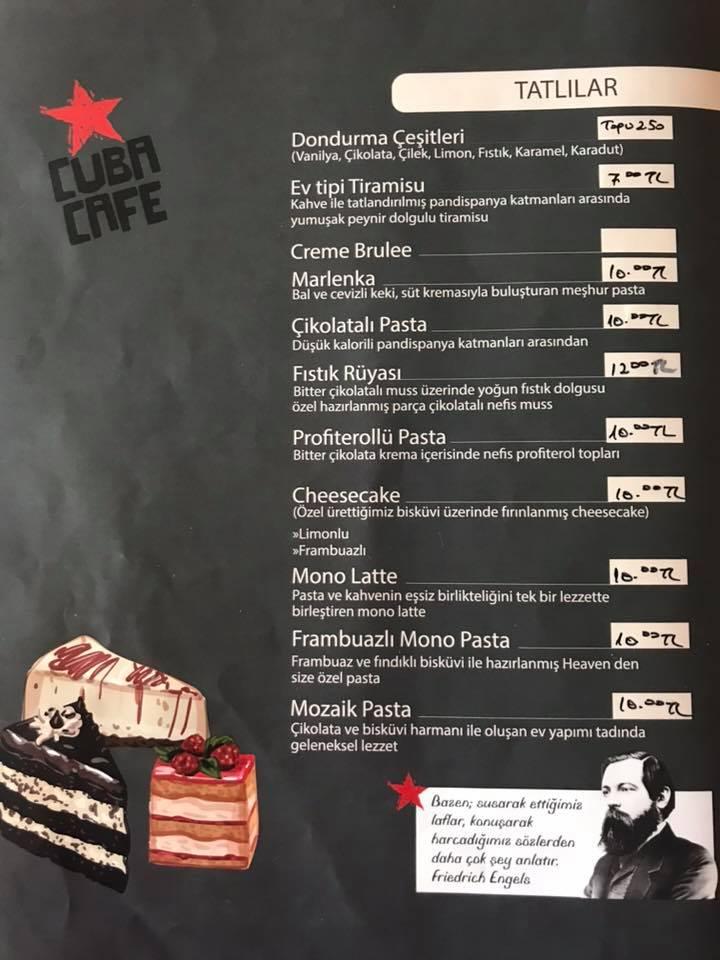 Menu at Cuba Bistro Cafe, Ovacık