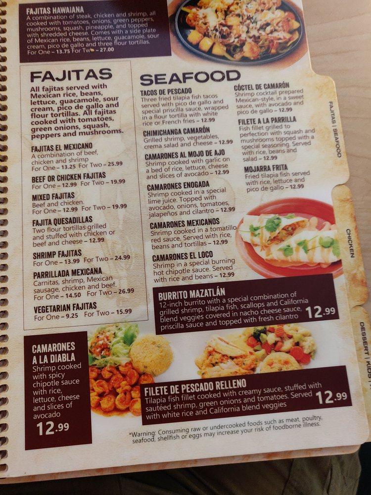 Menu at El Mexicano restaurant, Clover