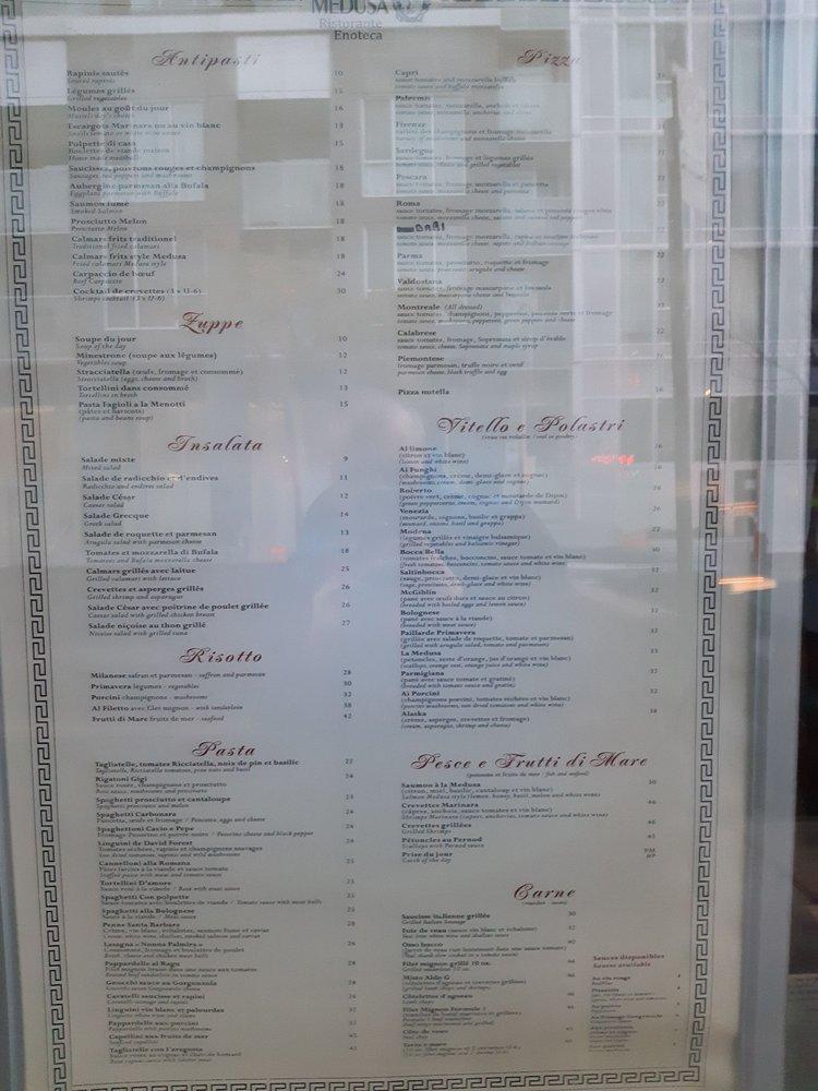 Menu at La Medusa restaurant, Montreal