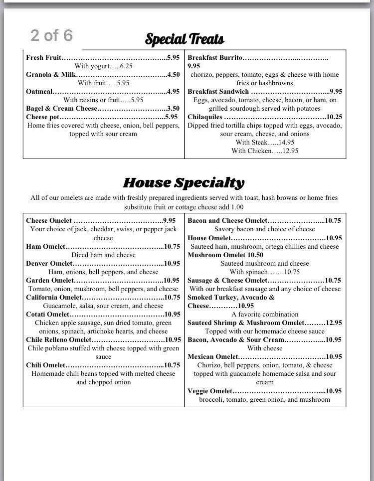 Menu at Marvin's restaurant, Cotati