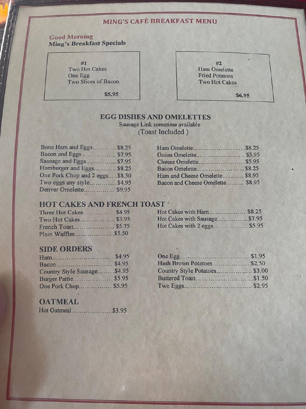 Menu at Ming's Cafe, Bakersfield