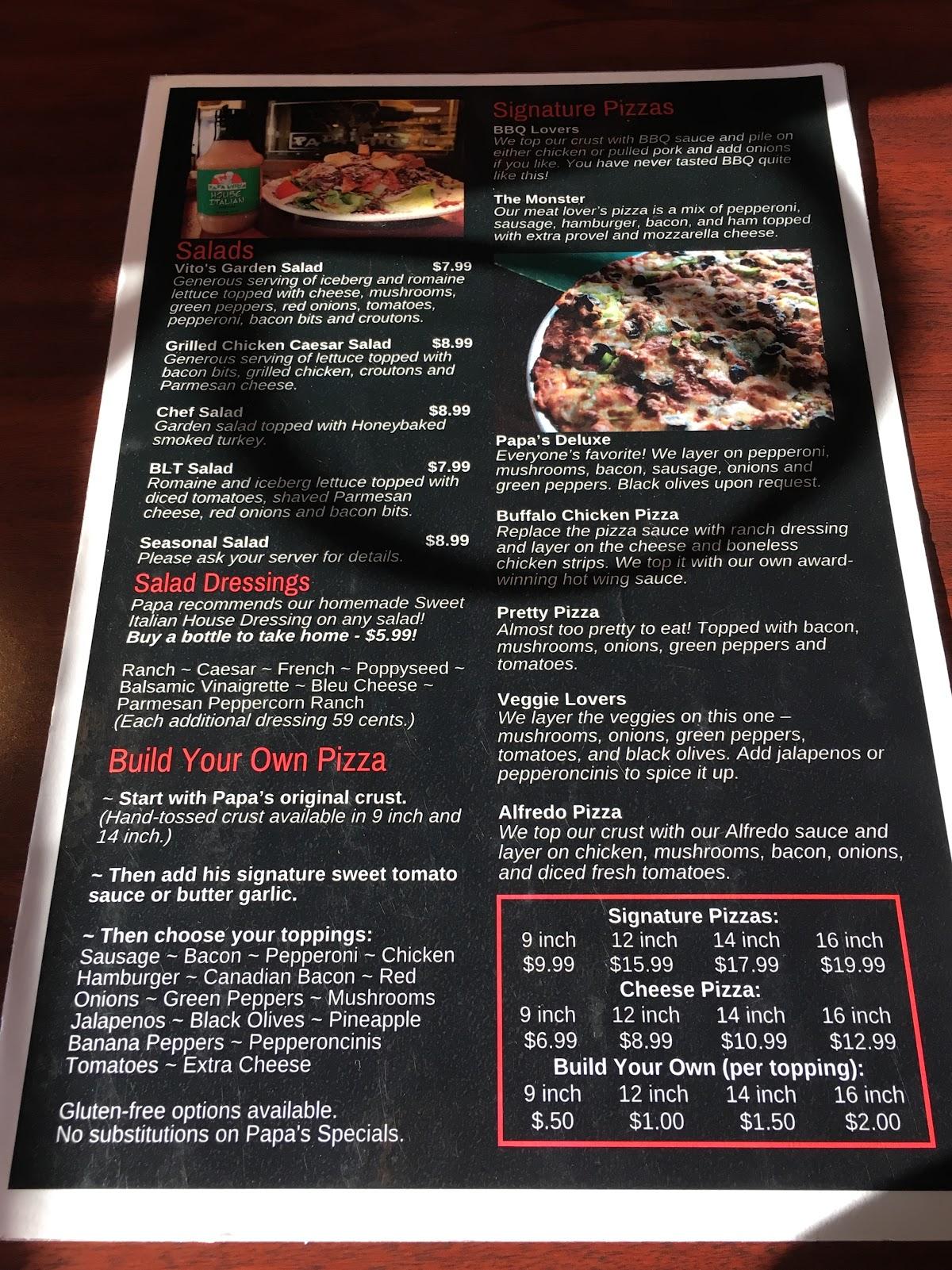 Menu at Papa Vito’s Pizza West pizzeria, Belleville