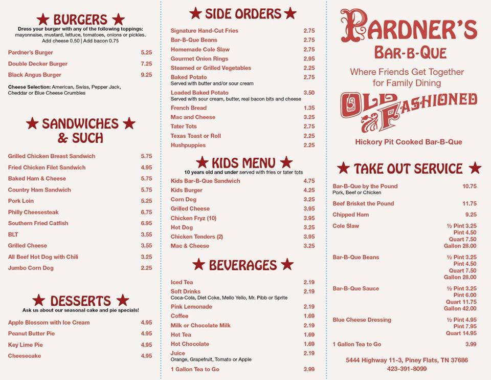 Menu at Pardner's Bar-B-Que, Piney Flats, Hwy 11 E