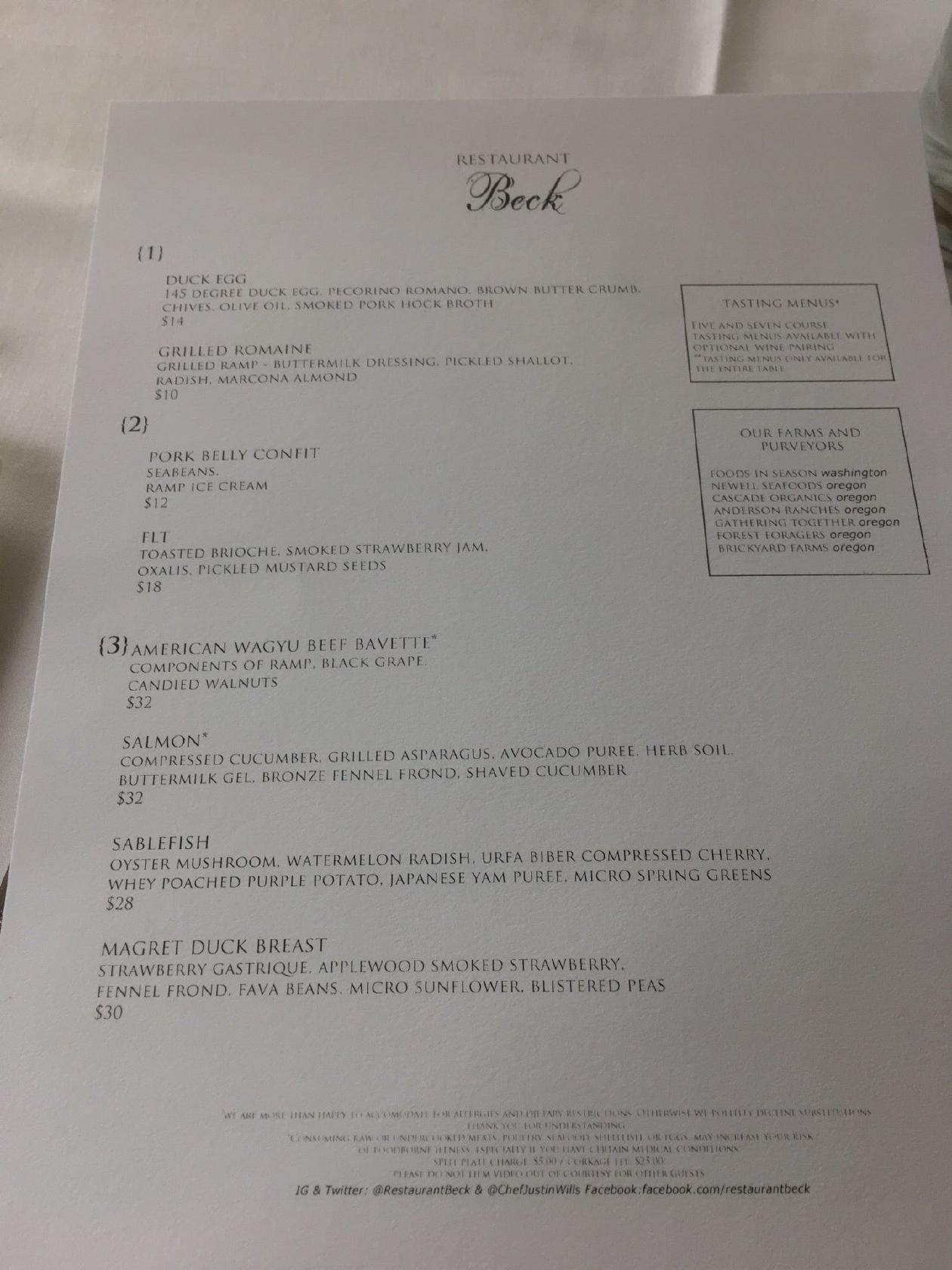 Menu at Restaurant Beck, Depoe Bay, US-101