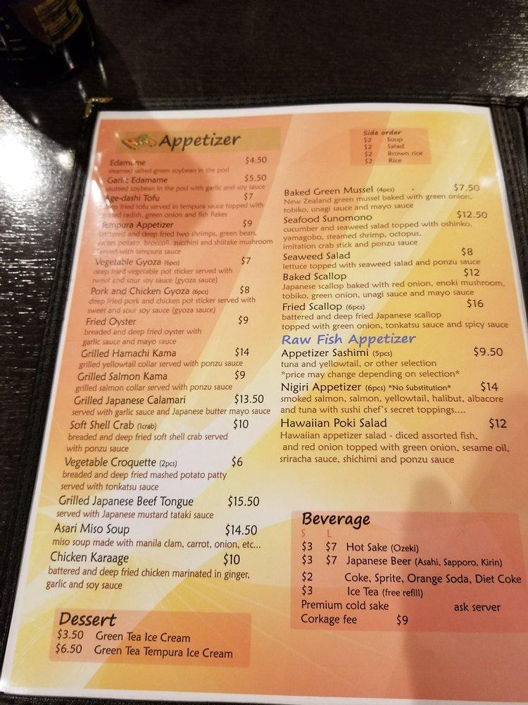 Menu at Sen Dai Sushi restaurant, Milpitas