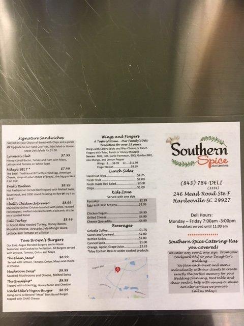 Menu at Southern Spice Deli & Catered Events cafe, Hardeeville