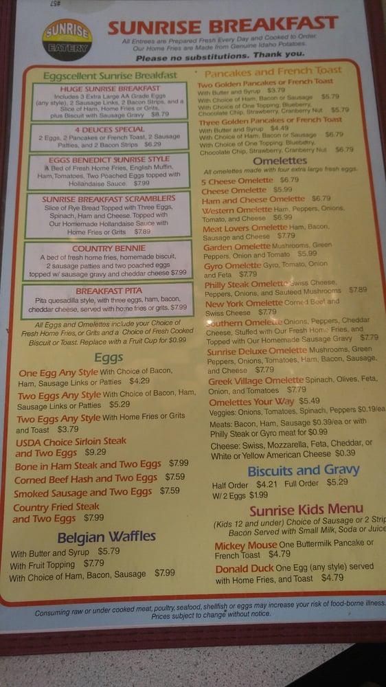 Menu at Sunrise Eatery restaurant, Zephyrhills, Gall Blvd