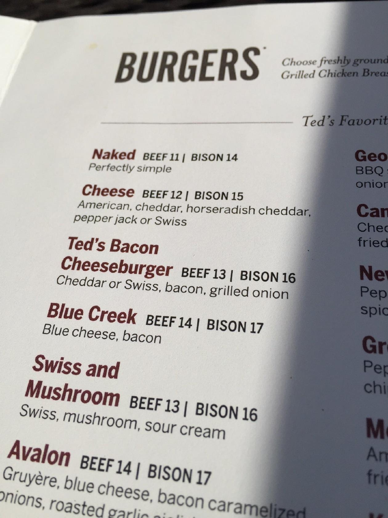 Menu at Ted's Montana Grill steakhouse, Alpharetta, Avalon Blvd