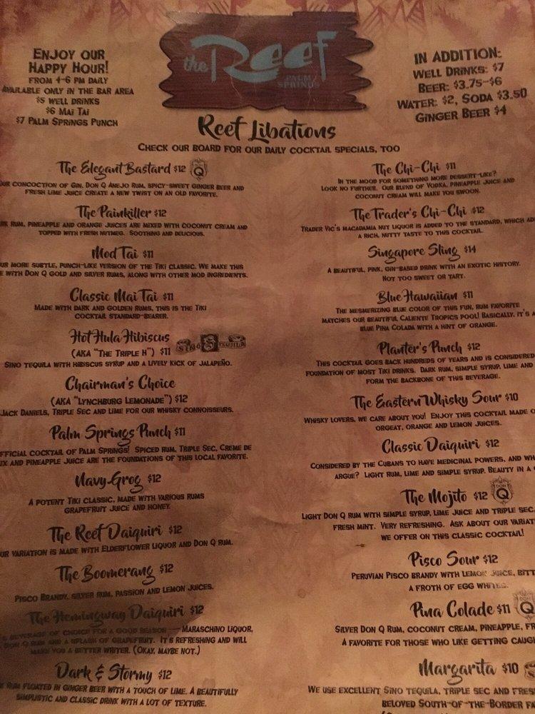 Menu at The Reef pub & bar, Palm Springs