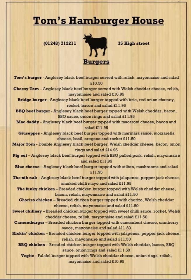 Menu at Tom's Hamburger House restaurant, Menai Bridge