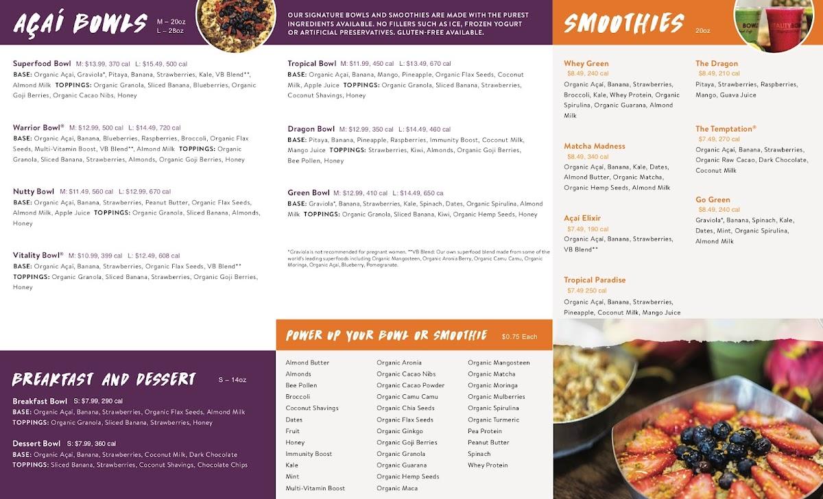 Menu at Vitality Bowls pub & bar, Pickerington