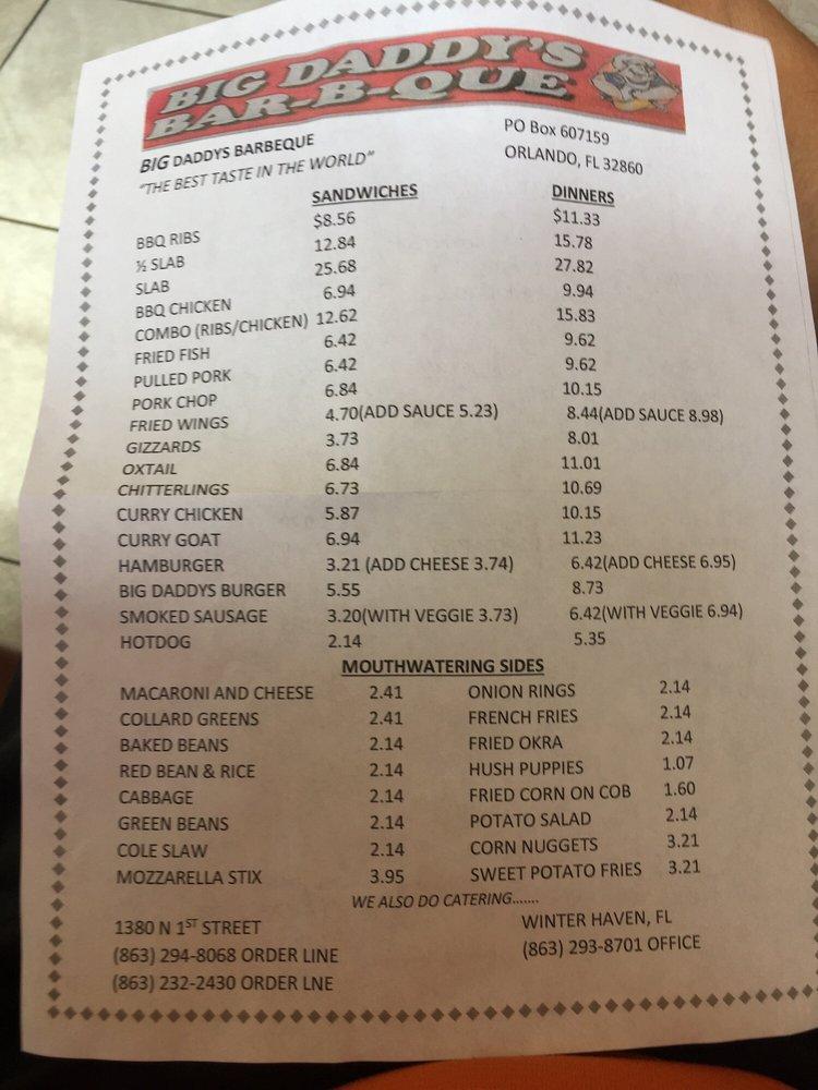 Menu at Big Daddy's Barbeque, Winter Haven, 1st St N