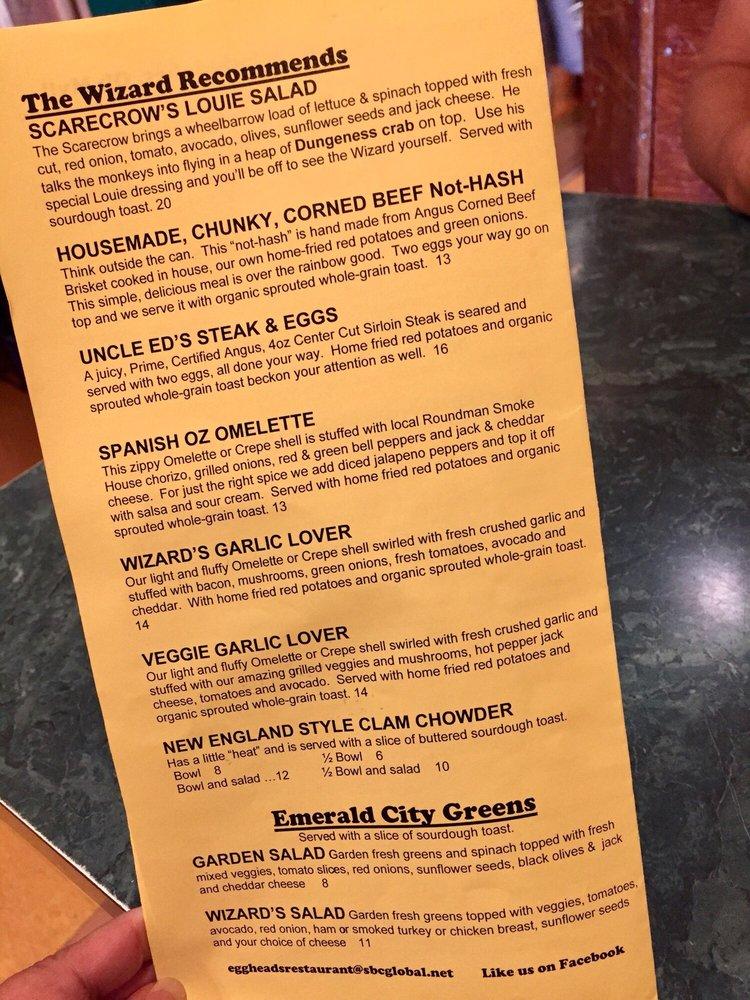 Menu at Egghead's Restaurant, Fort Bragg