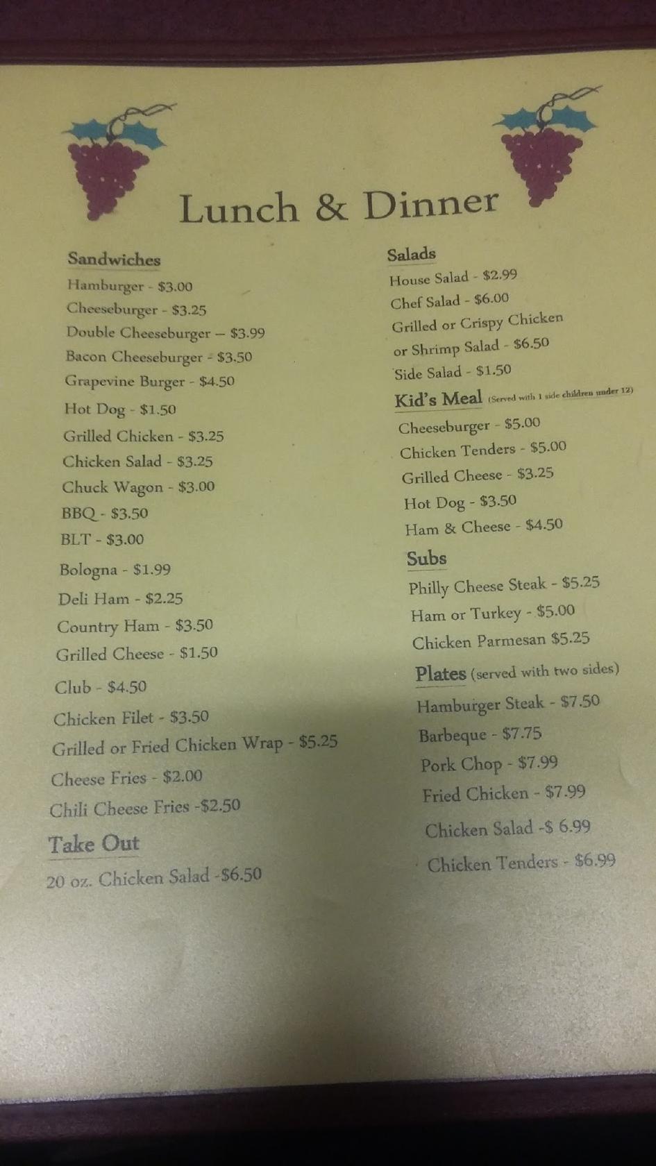 Menu at Grapevine Cafe, Woodland