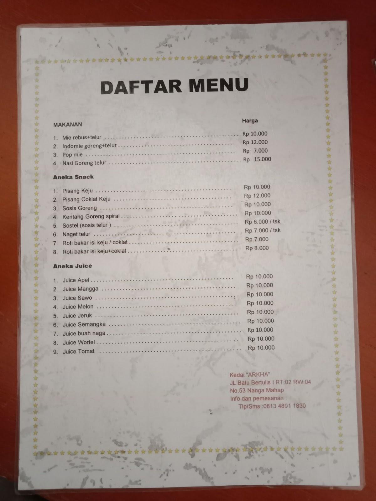 Menu at Kedai Arka cafe, Nanga Mahap