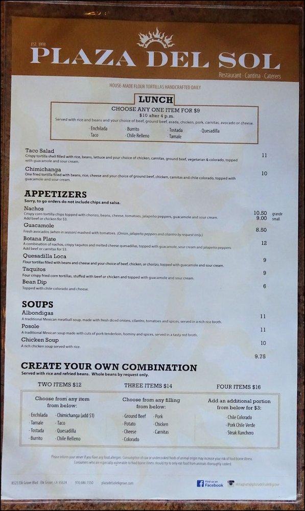 Menu at Plaza Del Sol Mexican Restaurant & Cantina, Elk Grove