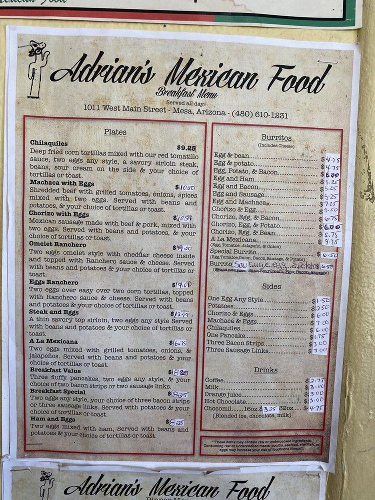 Menu at Adrian's #2 restaurant, Mesa