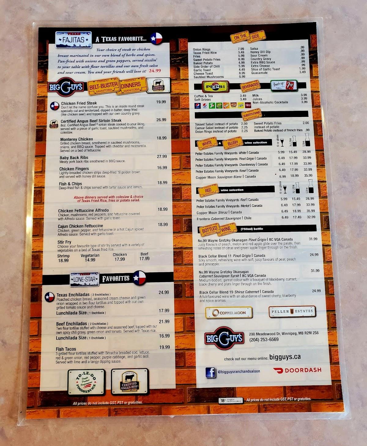Menu at Big Guy's Ranch & Saloon pub & bar, Winnipeg