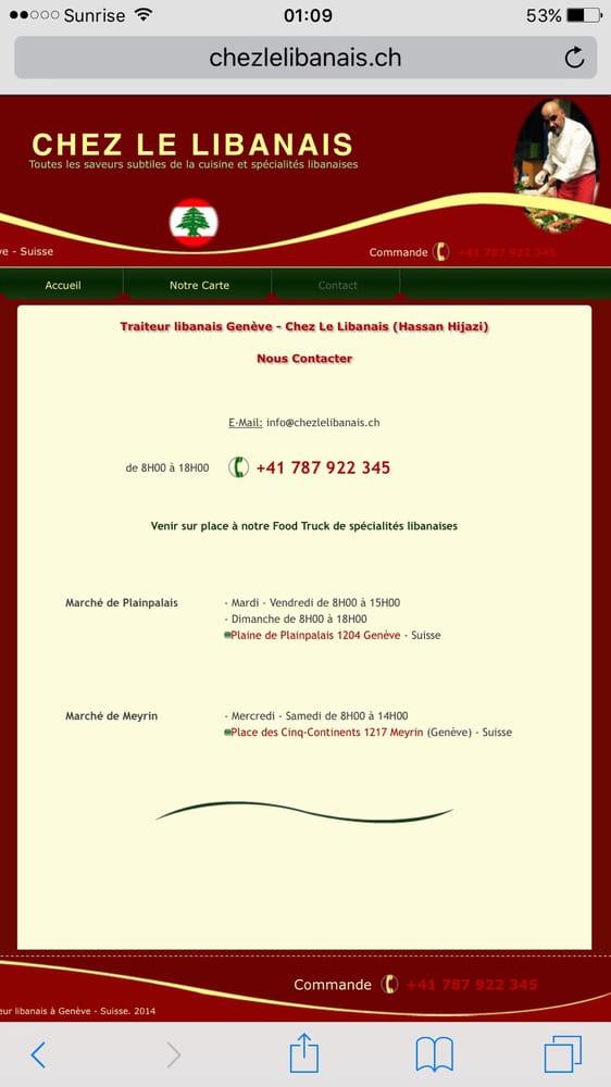 Menu au Chez le Libanais, Meyrin, Place des Cinq-Continents
