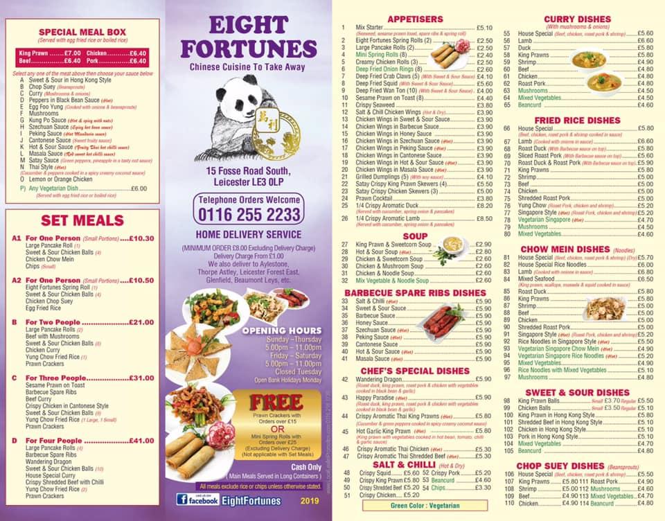 Menu at Eight Fortunes fast food, Leicester