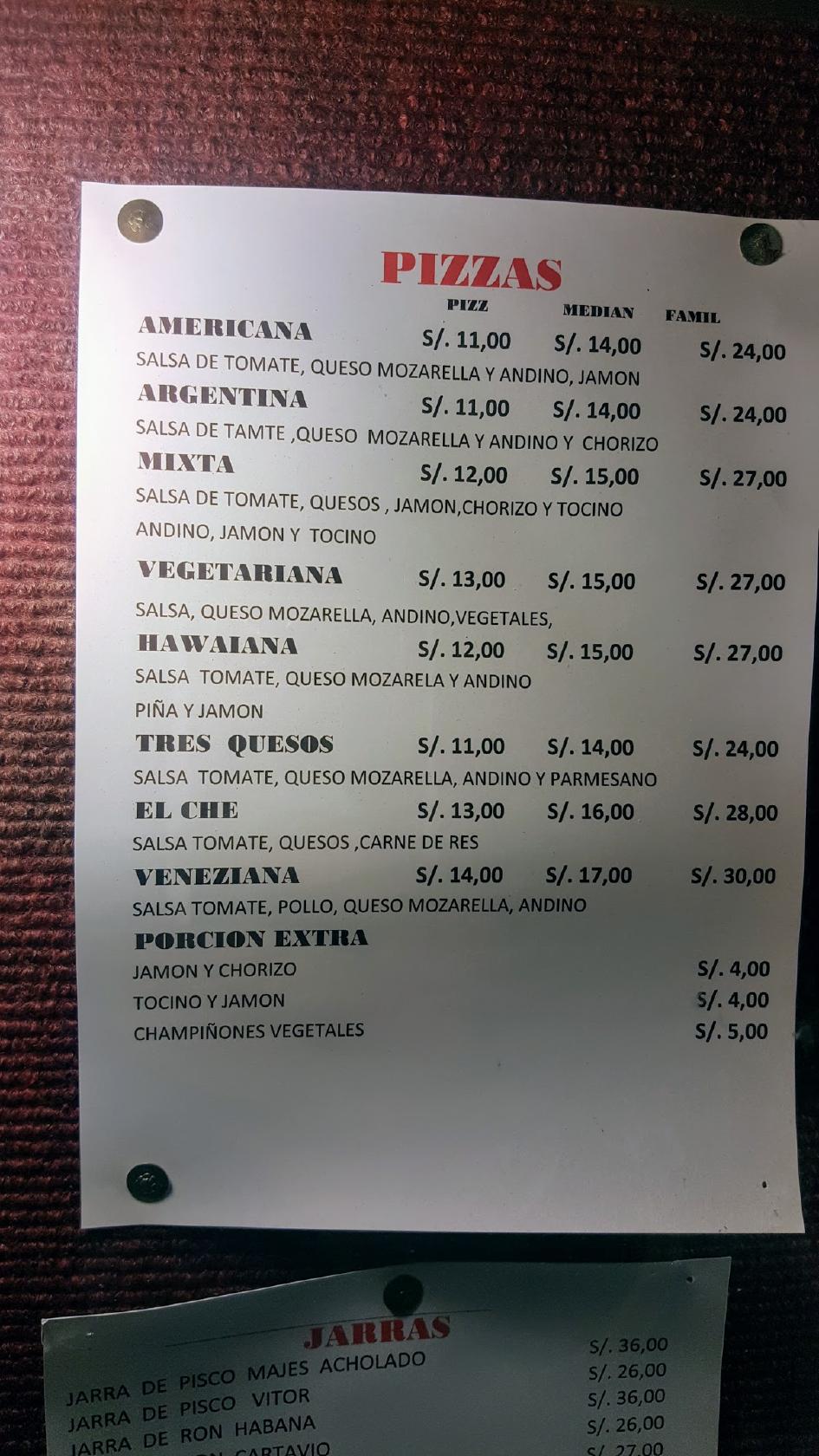Carta del restaurante el che, Arequipa, Cl. San Francisco 221