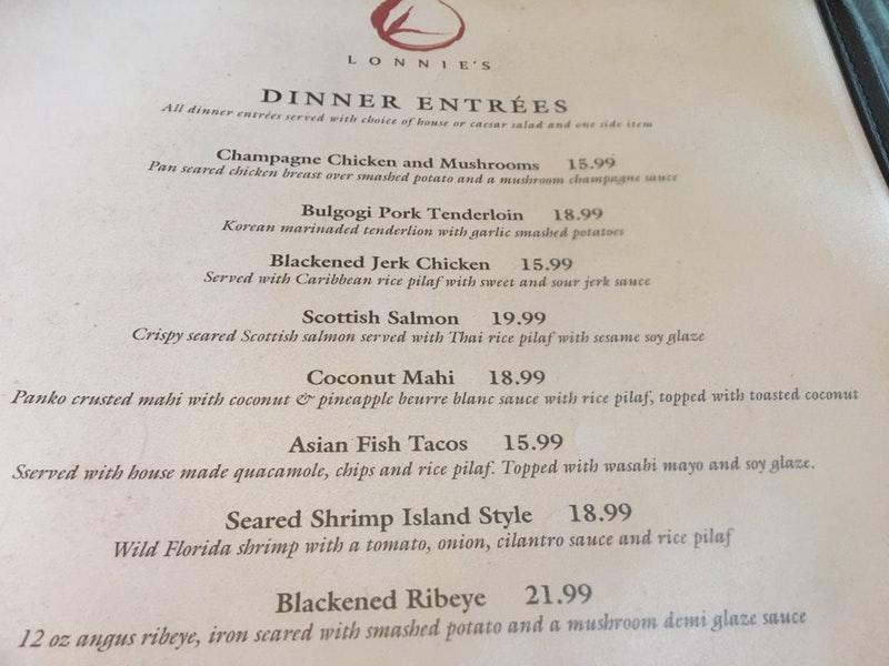 Menu at Lonnie's restaurant, Lake Mary