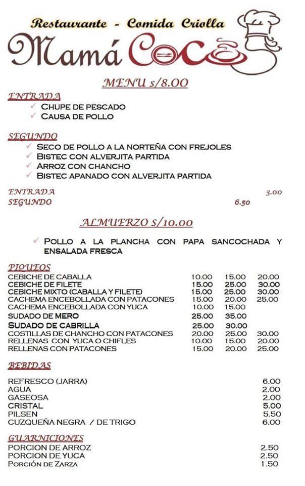 Menu at Mamá Coco restaurant, Piura