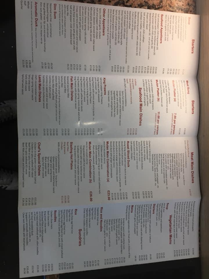 Menu at Mulan restaurant, Morpeth