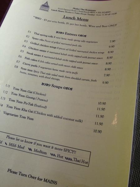 Menu at Phuket Thai Restaurant, Christchurch