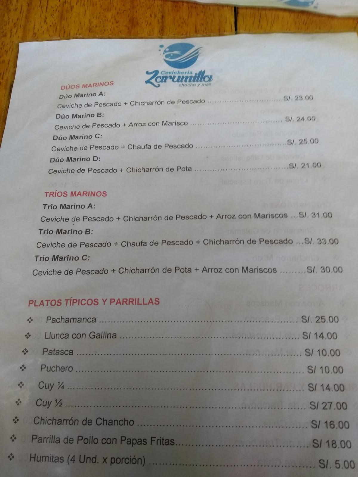 Menu at Cima Noticias restaurant, Huaraz