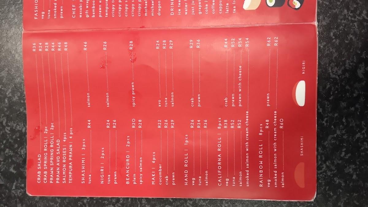 Menu at Shan Sushi restaurant, George, 107 York St