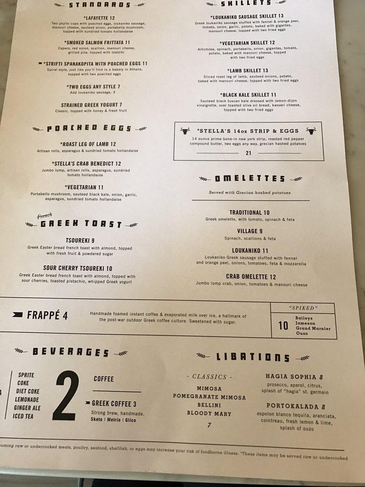 Menu at Stella's restaurant, Charleston, 114 St Philip St A