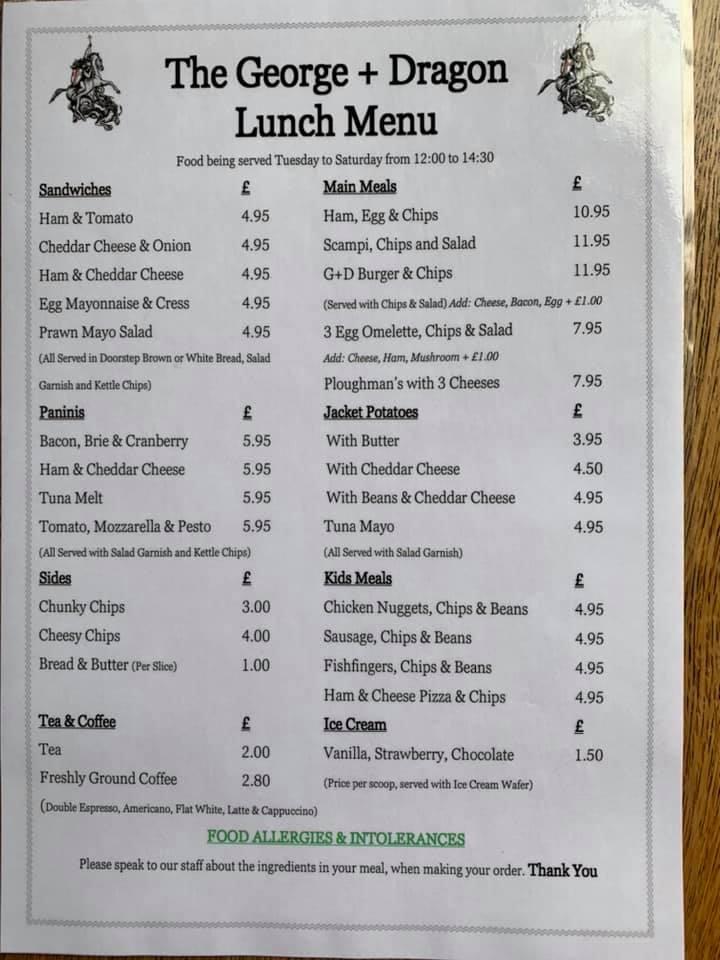 Menu at George and Dragon Public House, Stansted