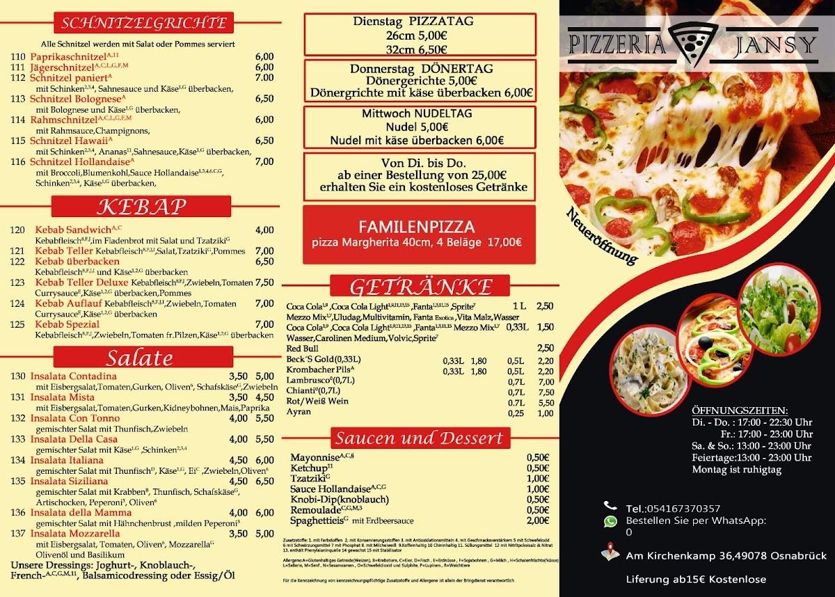 Menu au JANSY PIZZA, Osnabrück