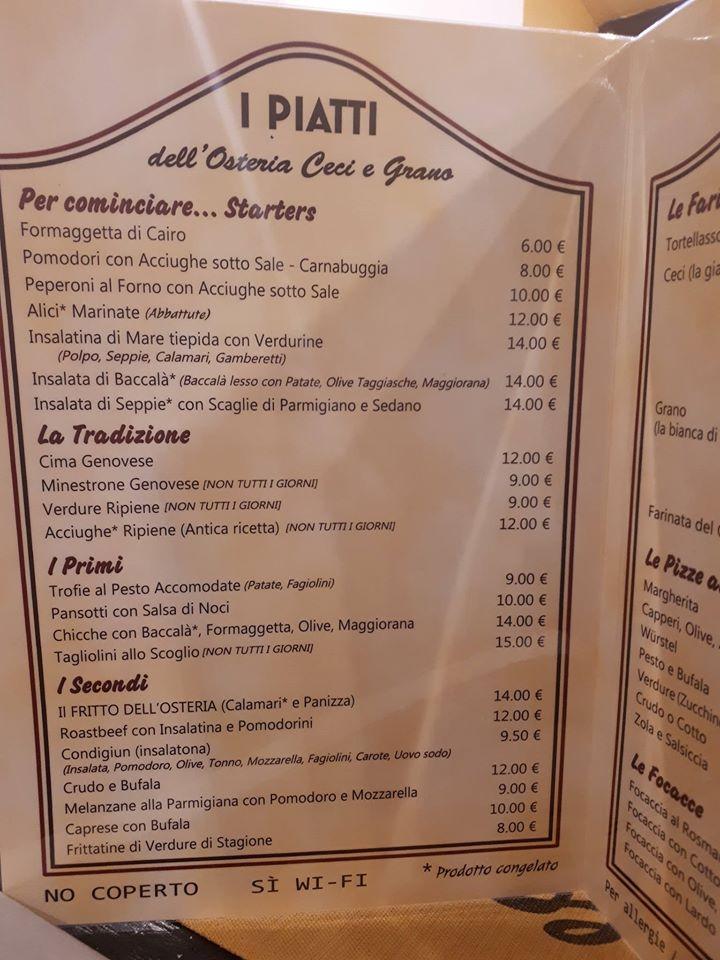 Menu at L'Osteria Ceci e Grano restaurant, Spotorno