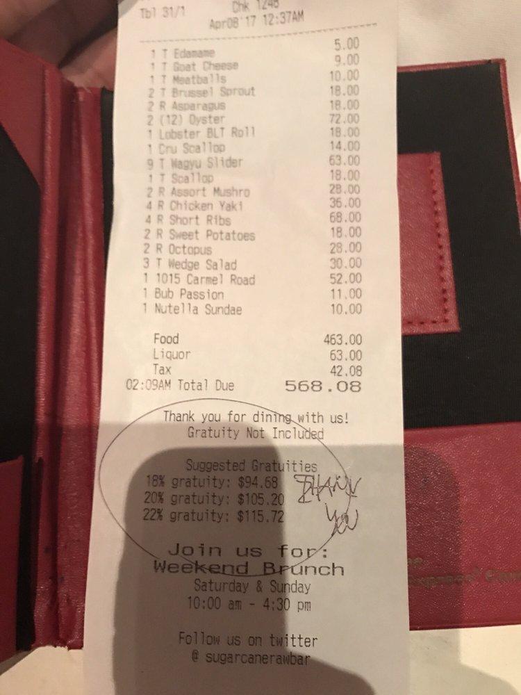 Menu at Sugarcane restaurant, Miami