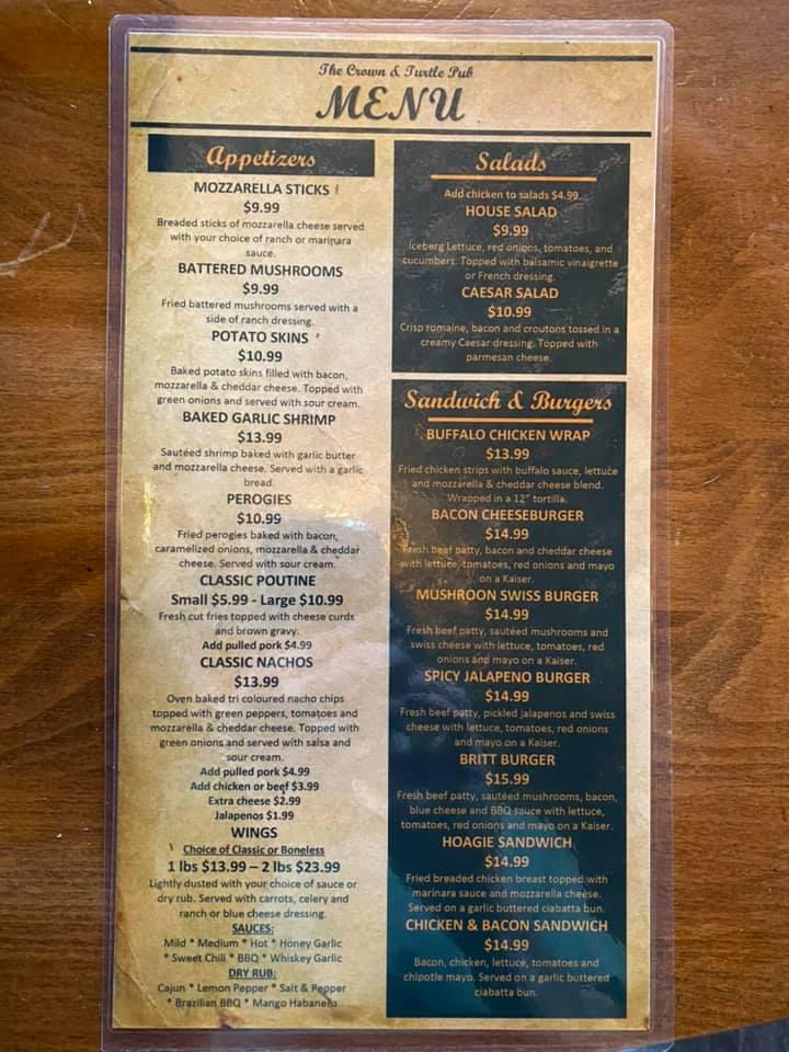 Menu at The Crown and Turtle Pub, Ailsa Craig
