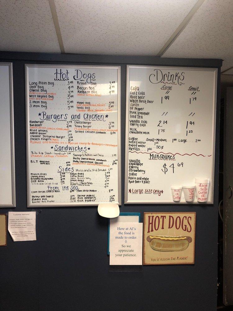 Menu at Al's Hot Dogs restaurant, Naugatuck