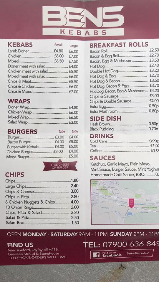 Menu at RYEFORD KEBAB VAN restaurant, Stonehouse