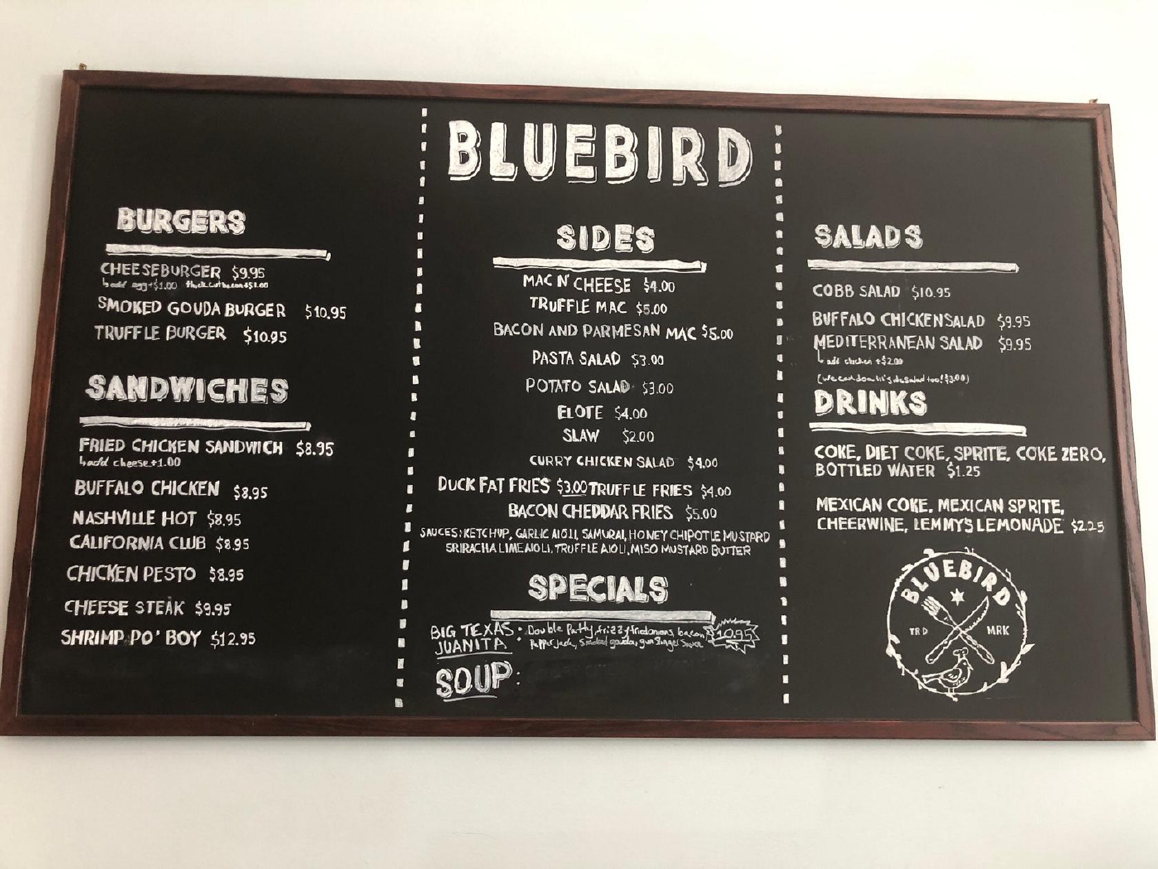 Menu at Bluebird restaurant, Chicago, N Clark St