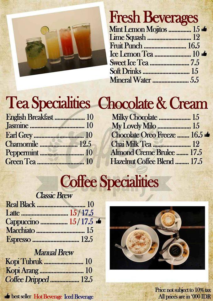 Menu at Coffee At Company cafe, Bandung