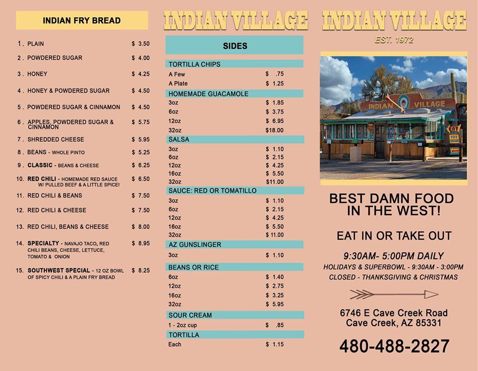 Menu at Indian Village restaurant, Cave Creek, E Cave Creek Rd