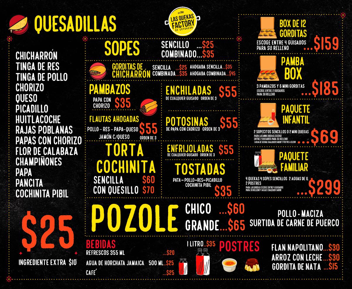 Menu at Las Quekas Factory Isabel la Católica restaurant, Mexico City