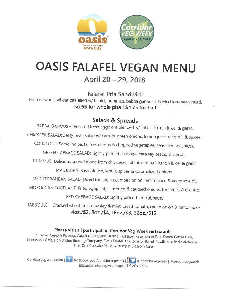 Menu at Oasis Falafel (Iowa City) restaurant, Iowa City